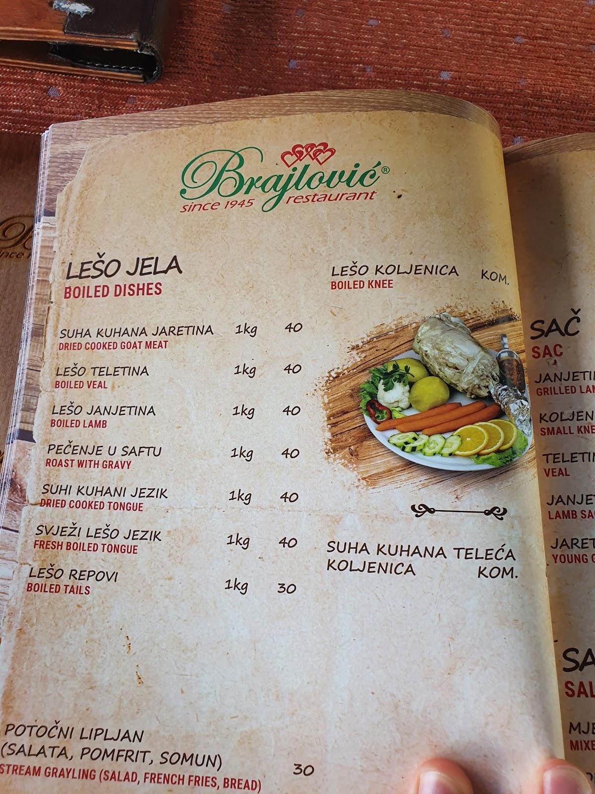 Menu at Brajlović Restaurant, Ilidža, Samira Ćatovića Kobre 6