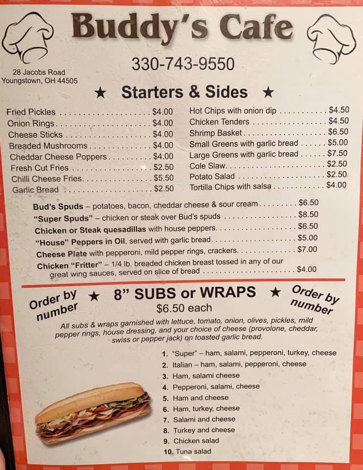 Menu at Buddys Cafe, Youngstown