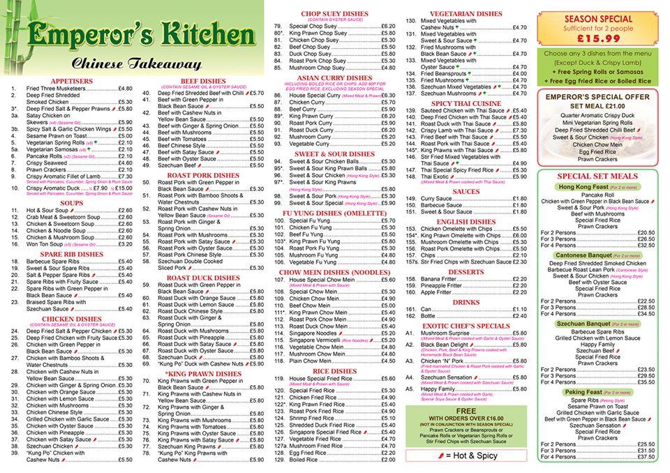 Menu at Emperors Kitchen fast food, Swindon
