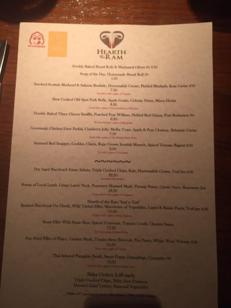Menu at Hearth of the Ram restaurant, Ramsbottom, 13 Peel Brow