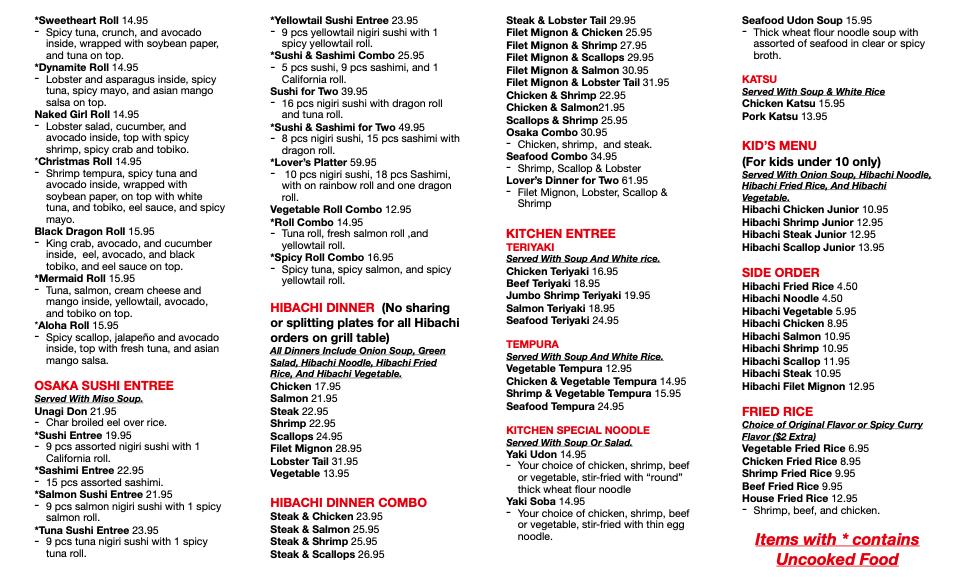 Carta del restaurante Osaka Sushi & Hibachi, Fargo