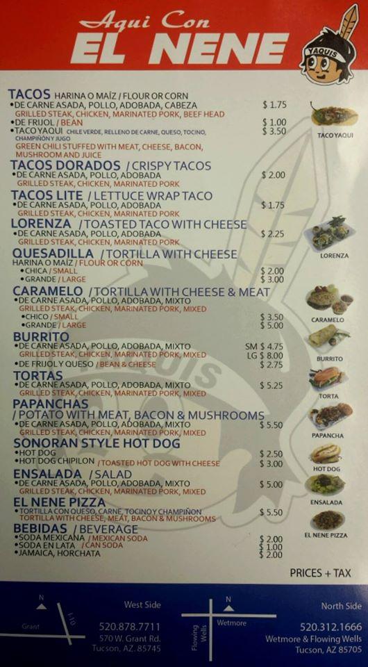 Menu at Taqueria Aqui Con El Nene restaurant, Tucson, N Flowing Wells Rd