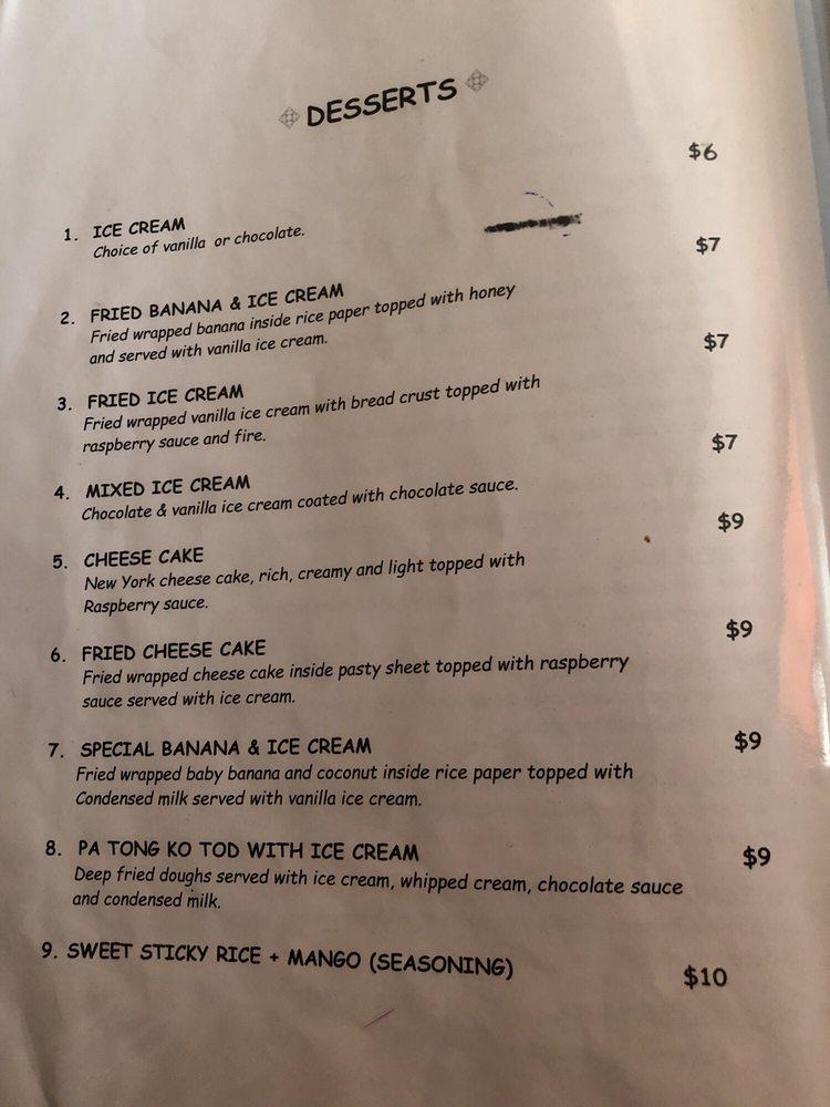 Menu at Thai Palace restaurant, Wolcott