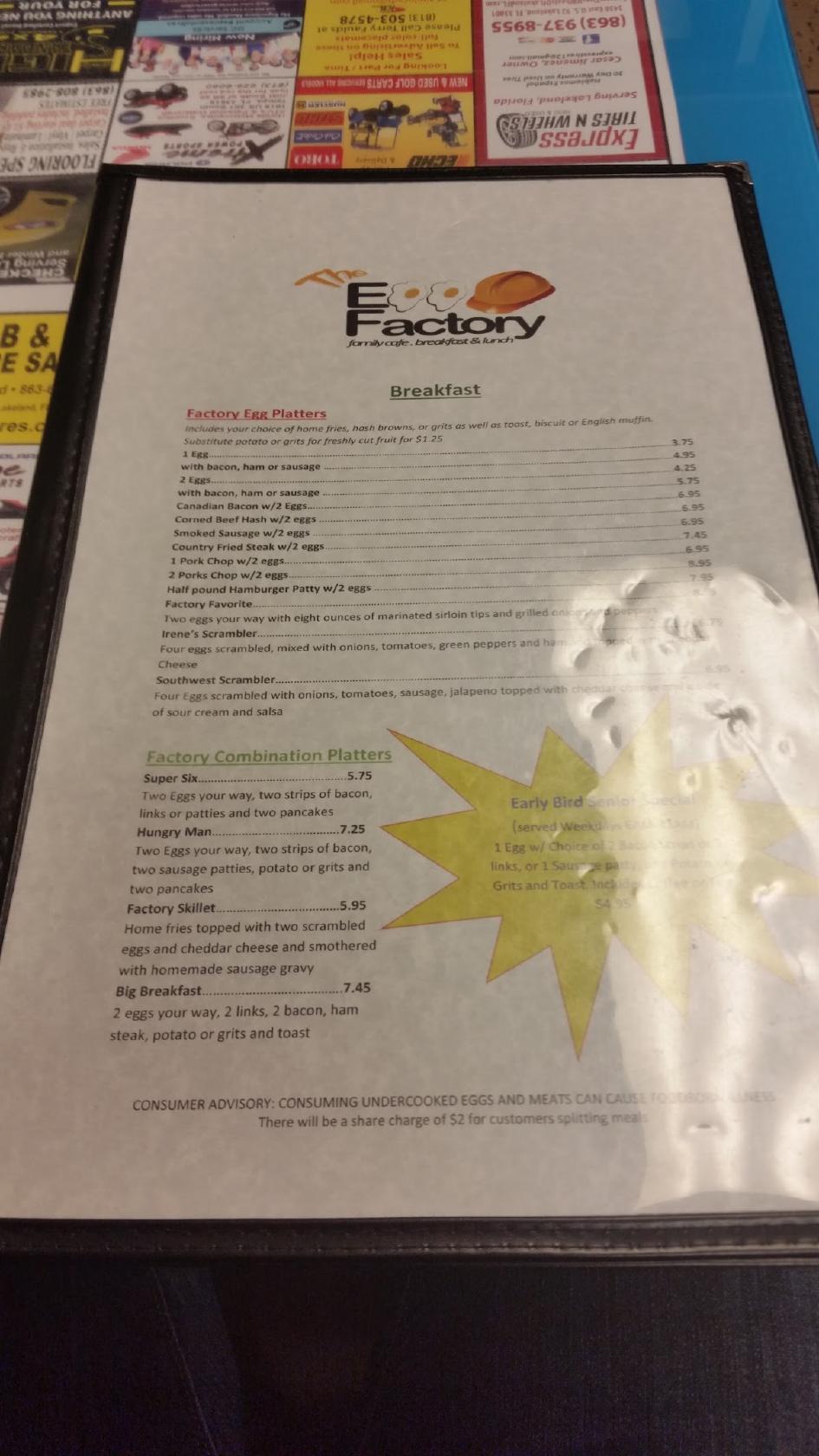 Menu at The Egg Factory restaurant, Lakeland, S Combee Rd