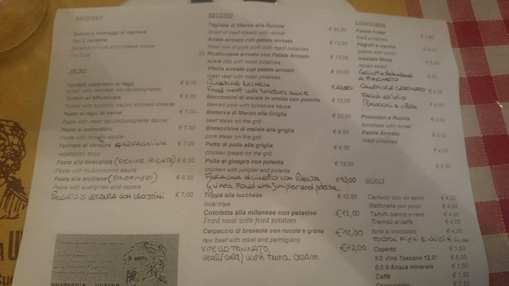 Menu at Trattoria Da Ubaldo restaurant, Lucca