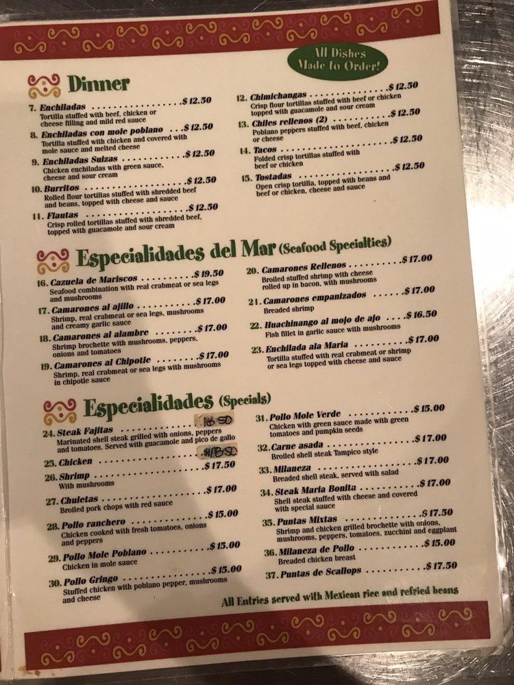 Menu at María Bonita restaurant, Highland Falls