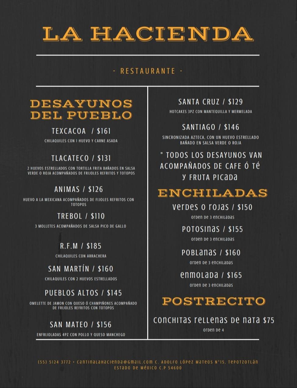 Carta de La Hacienda Restaurante, Tepotzotlán