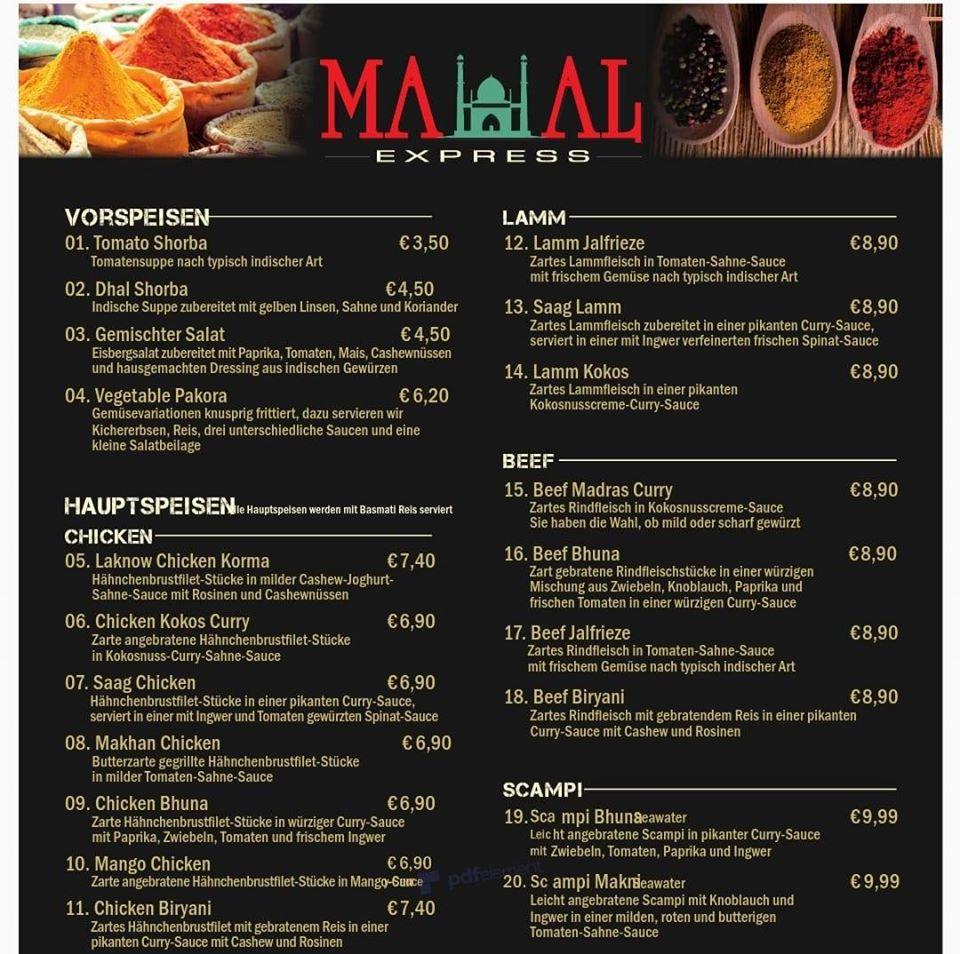 Menu at Mahal Express restaurant, Neu-Isenburg