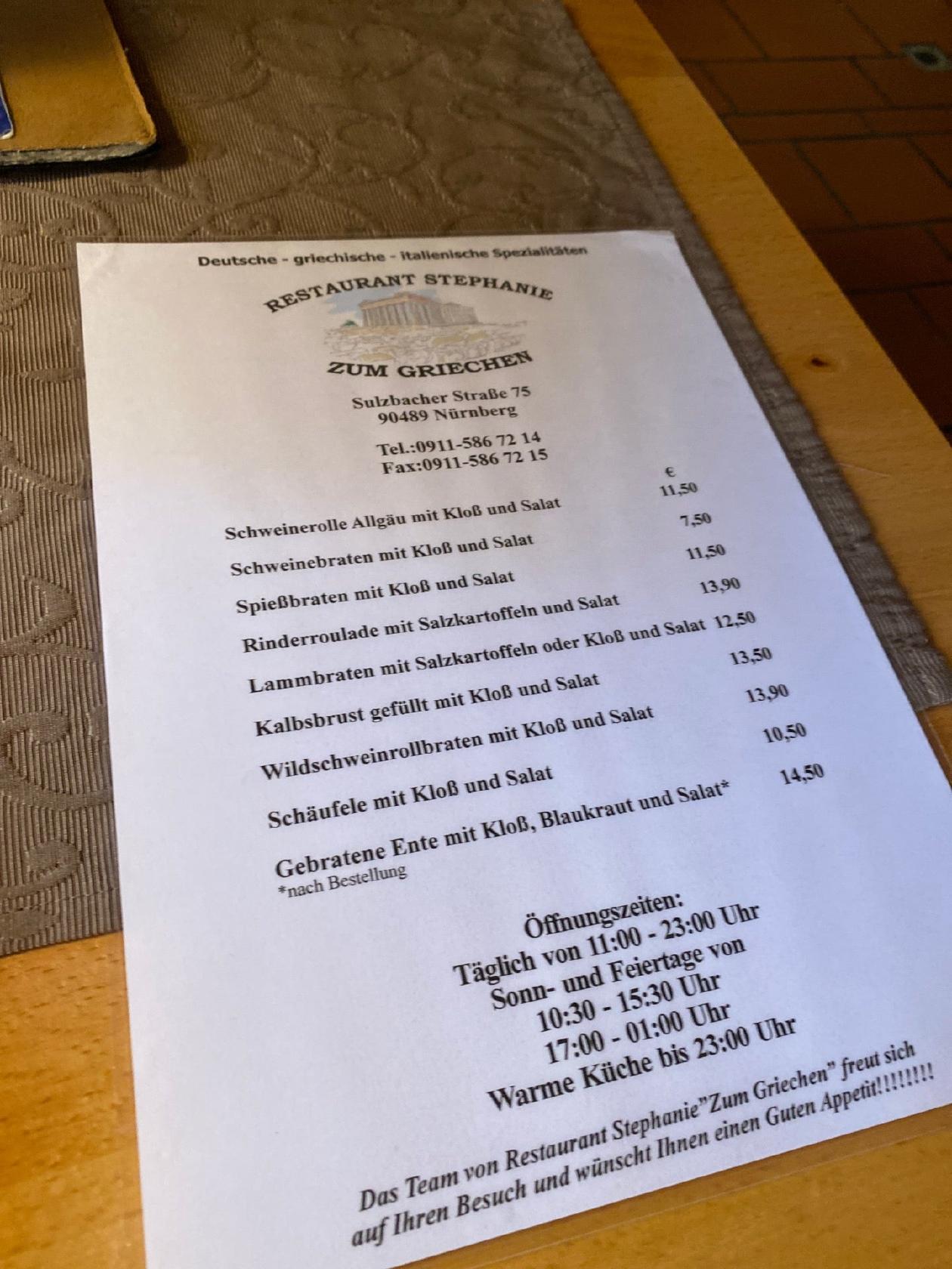 Menu at Restaurant Stephanie, Nuremberg