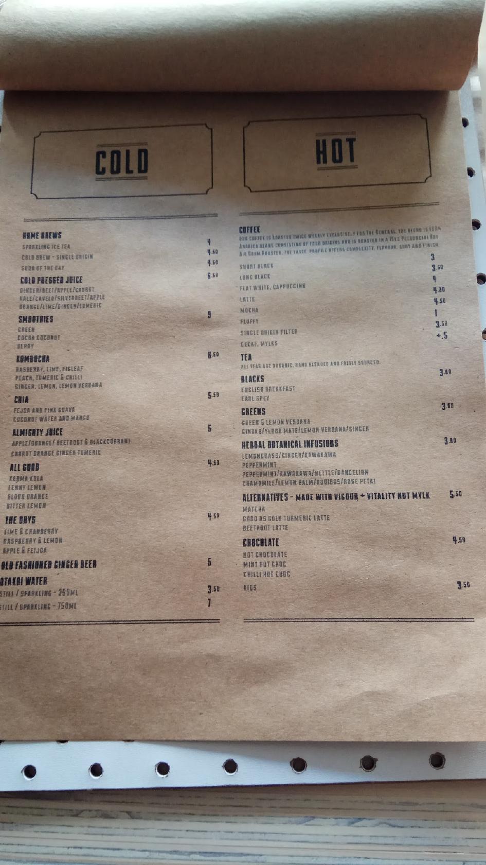 Menu at The General Café cafe, Tauranga