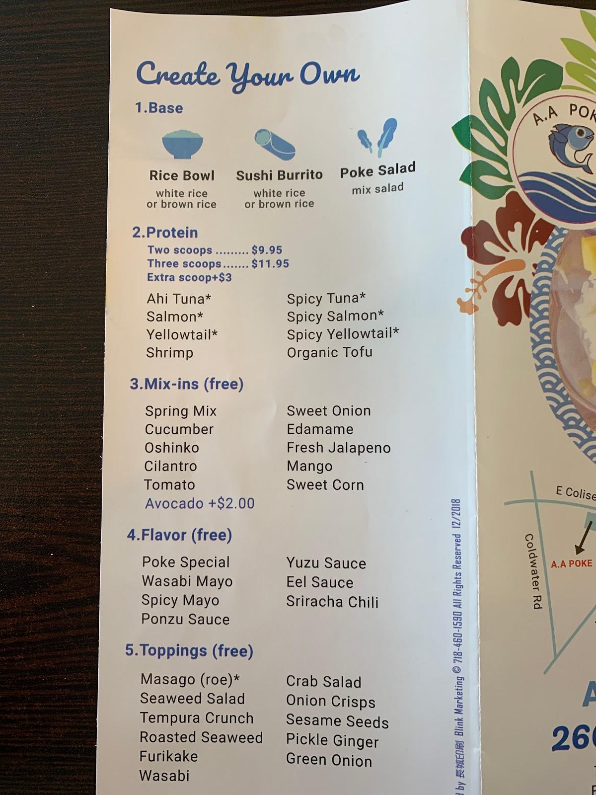 Menu at AA POKE restaurant, Fort Wayne