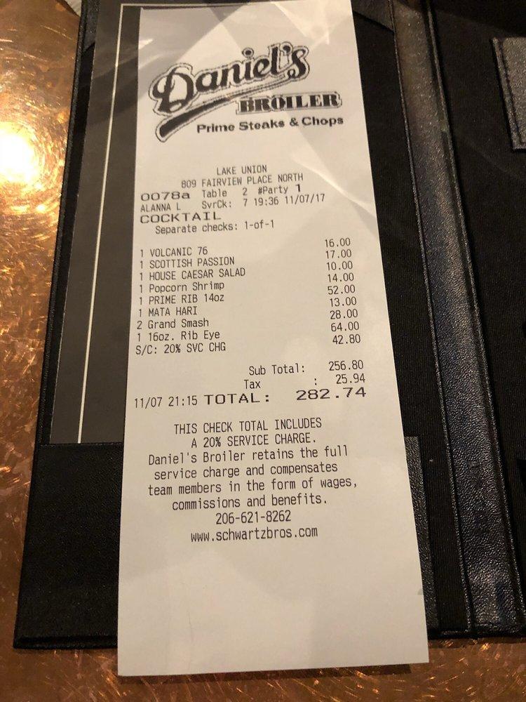 Menu at Daniel's Broiler steakhouse, Seattle, 809 Fairview Pl N