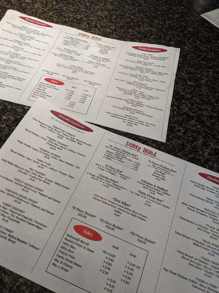 Menu at Dirty Bird restaurant, Morgantown