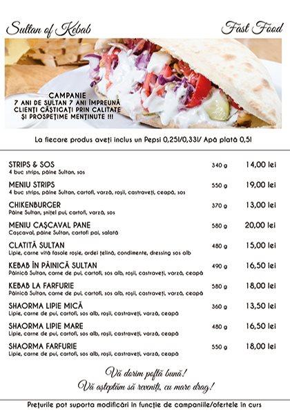 Menu at Sultan of Kebab, Satu Mare