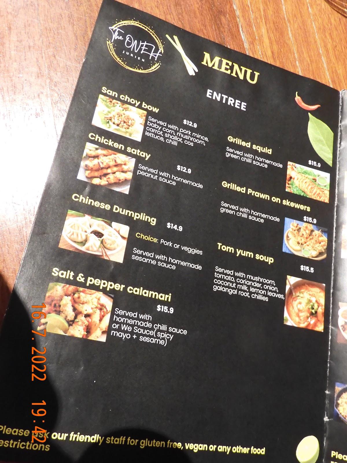 Menu at The Oneh Jurien restaurant, Jurien Bay
