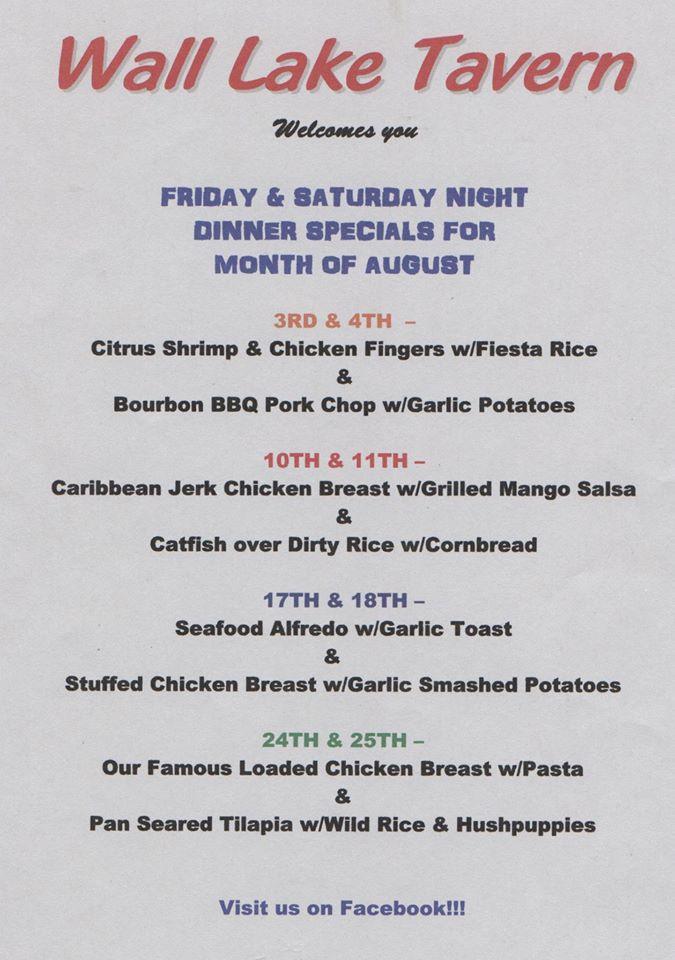 Menu at Wall Lake Tavern restaurant, Orland