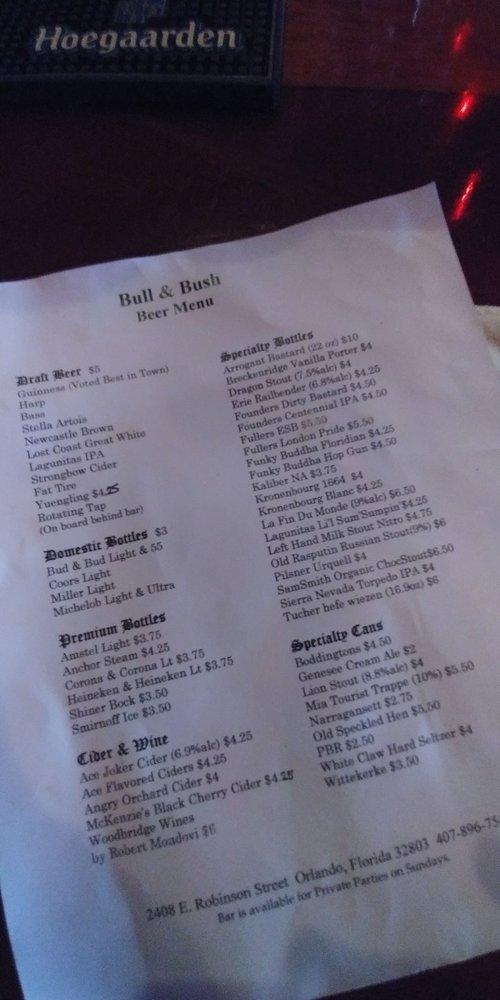 Menu at Bull & Bush Pub, Orlando