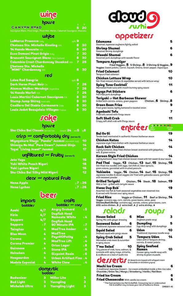 Menu at Cloud 9 Sushi restaurant, Cincinnati