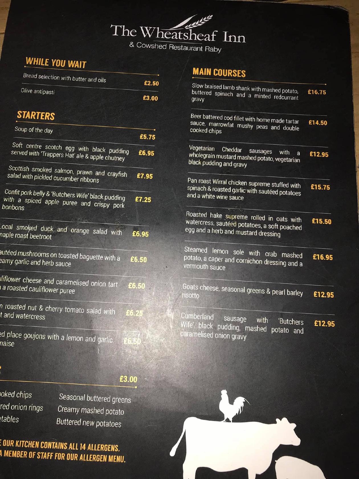 Menu at Cow Shed pub & bar, Birkenhead
