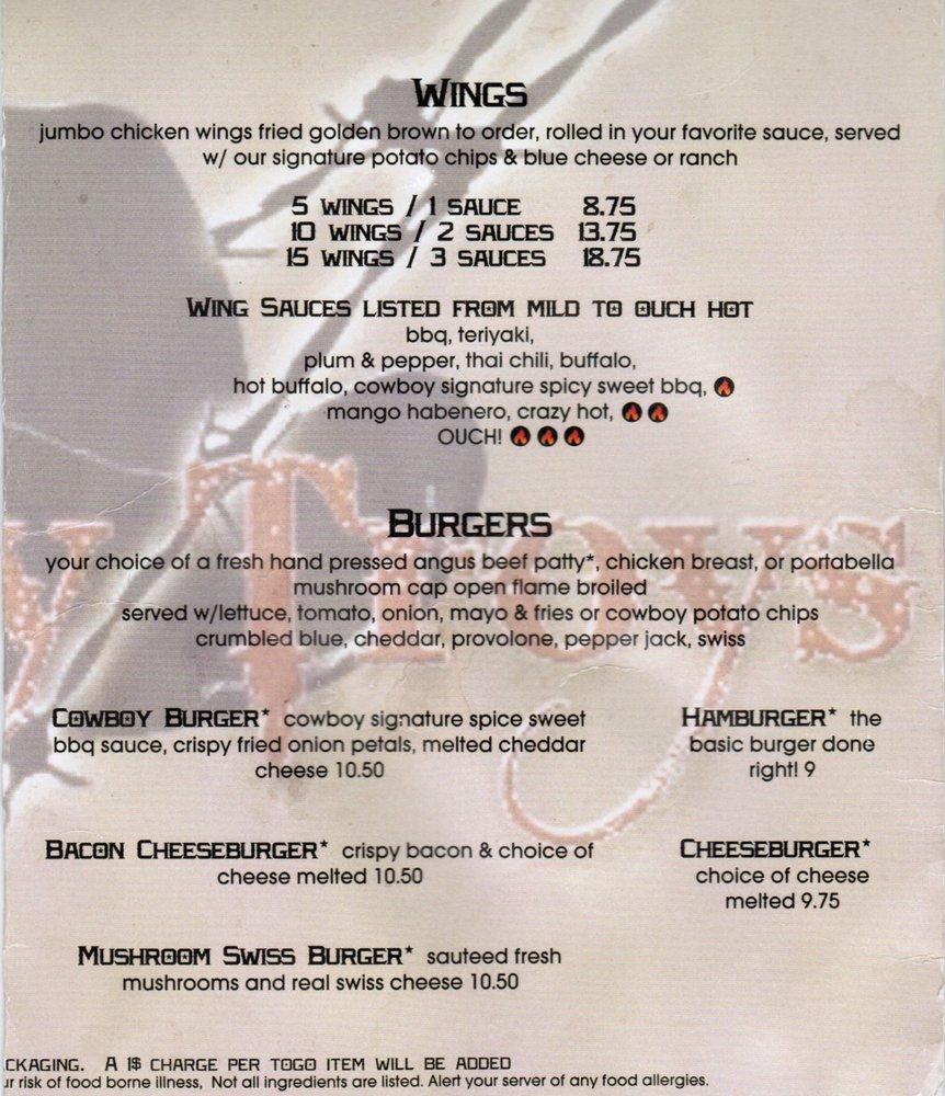 Menu at Cowboy Troy's pub & bar, Victor