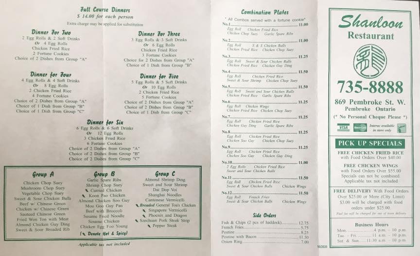 Menu at Shanloon Restaurant, Pembroke