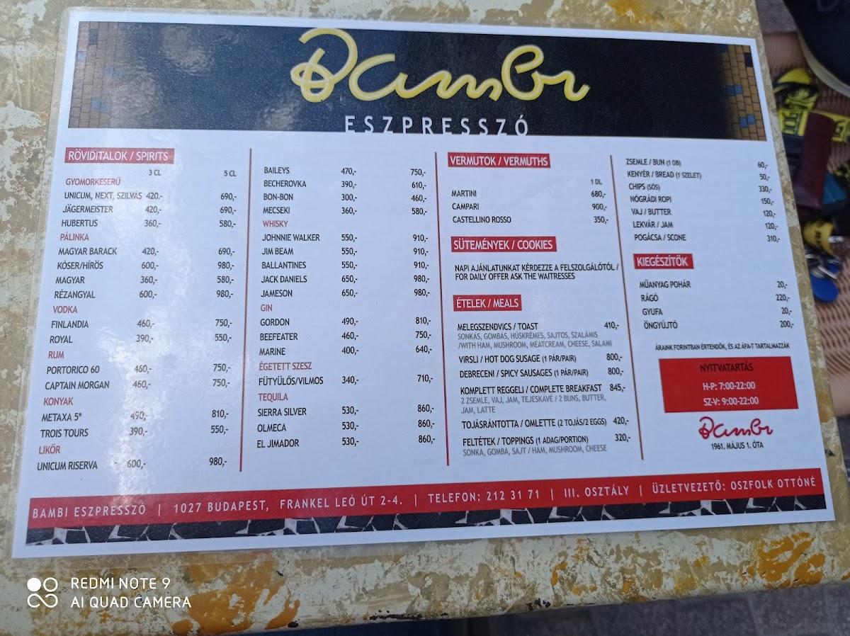 Menu at Bambi Café cafe, Budapest