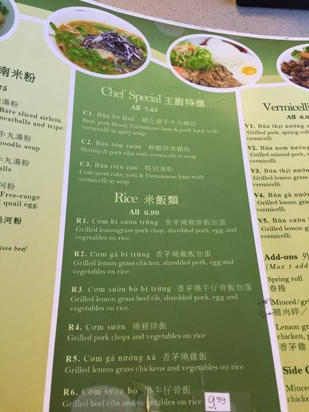 Menu at Pho Han Restaurant, Richmond