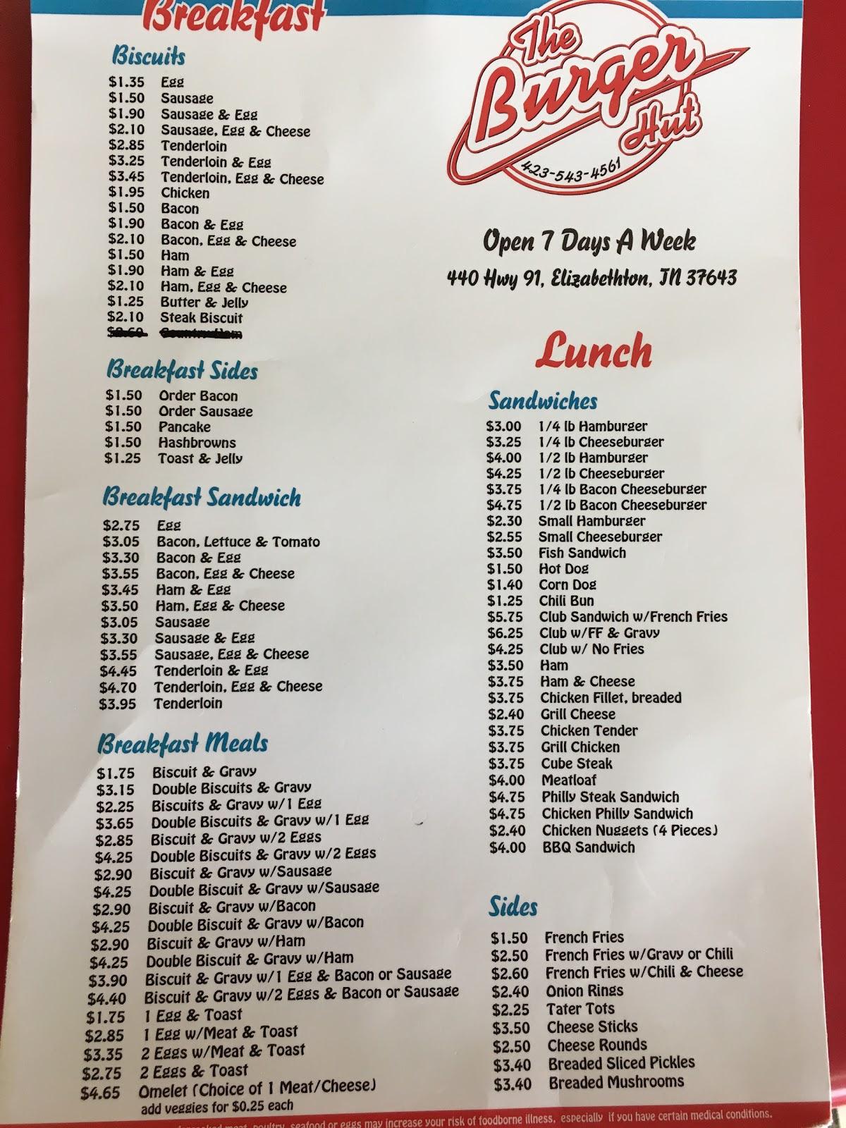 Menu at Burger Hut restaurant, Elizabethton, 440 TN-91