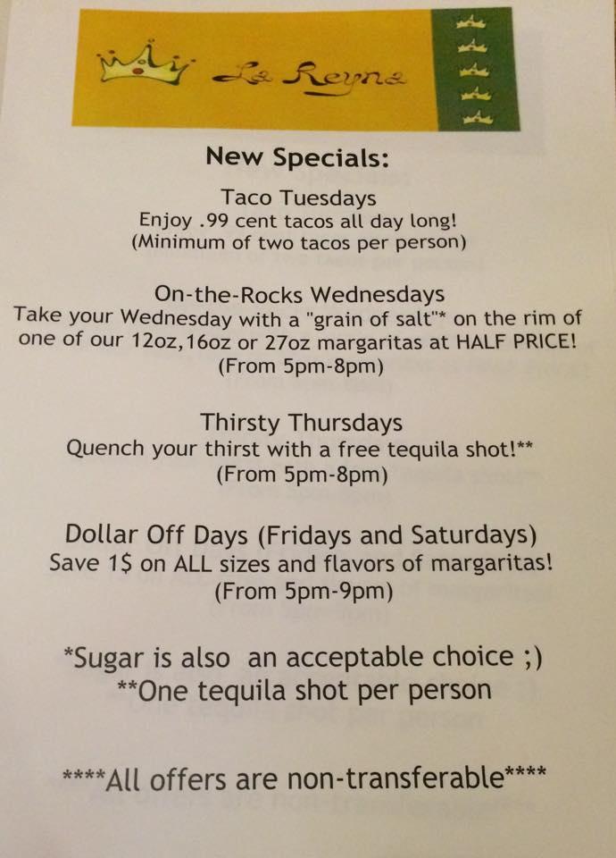 Menu at La Reyna Mexican Restaurant, Vinton