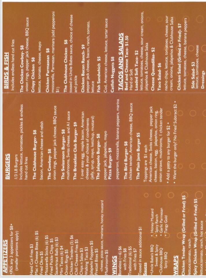 Menu at The Clubhouse, Alliance