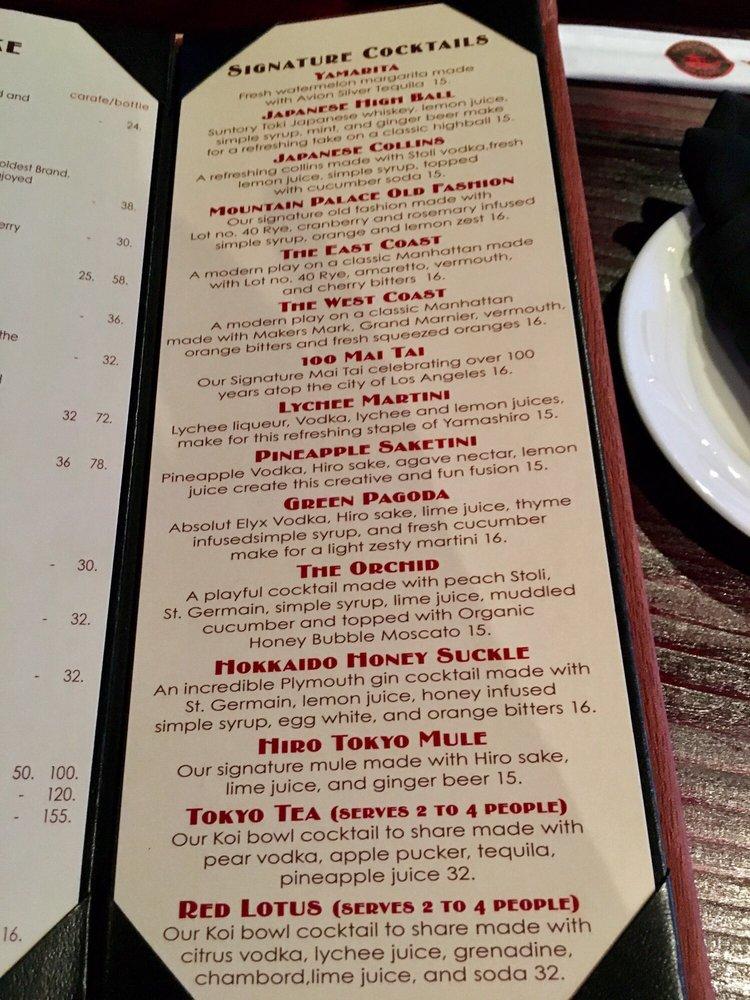 Menu at Yamashiro Hollywood restaurant, Los Angeles