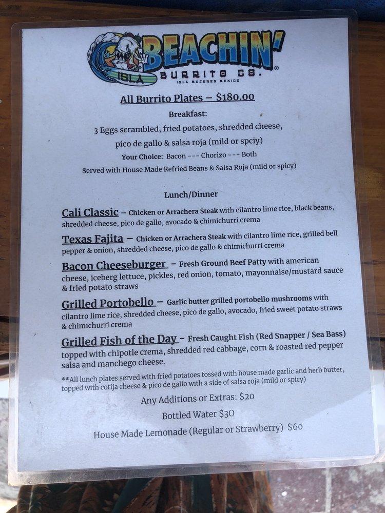 Menu at Beachin' Burrito restaurant, Isla Mujeres