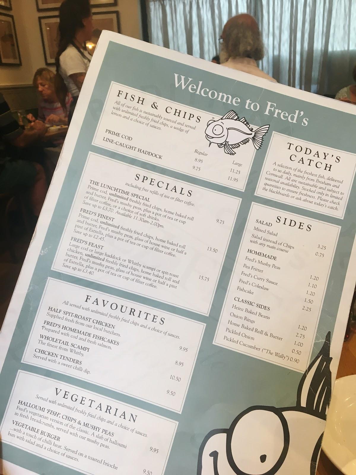 Menu at Chez Fred restaurant, Bournemouth