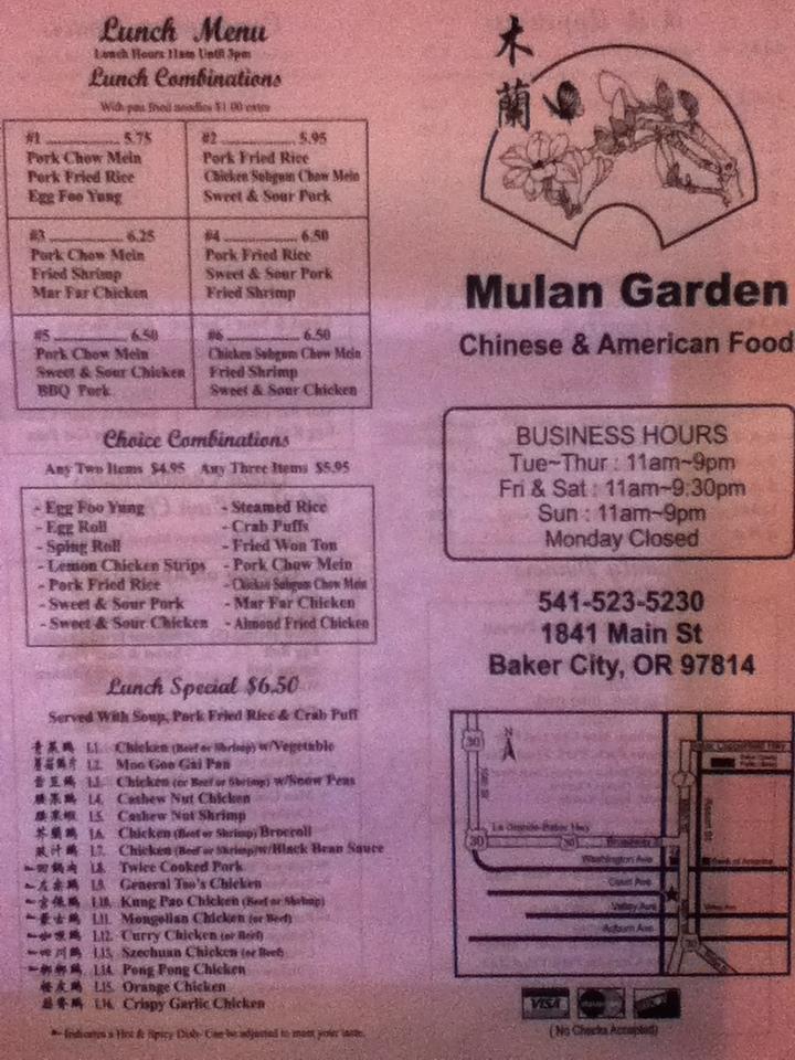 Menu at Mulan Garden Restaurant, Baker City