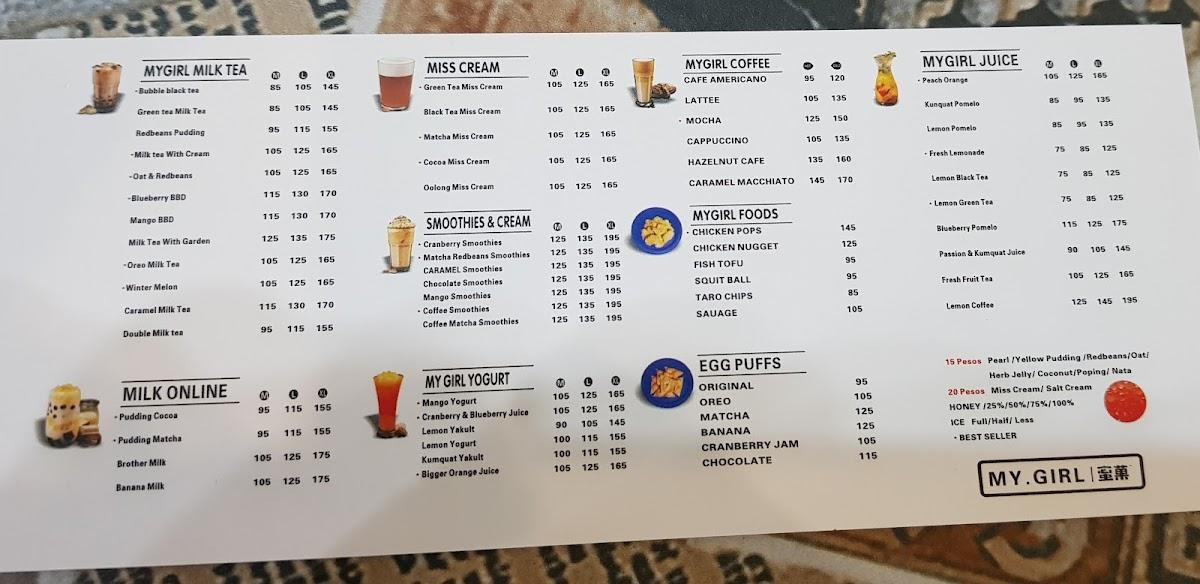 Menu at Mygirl Milk Tea Coffee Shop cafe, Muntinlupa
