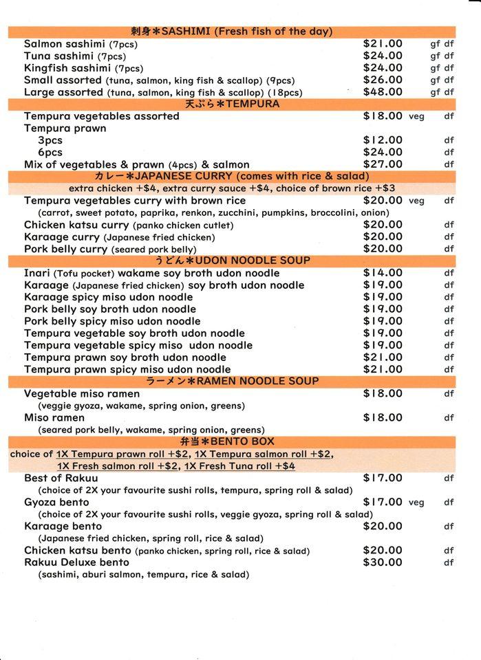 Menu at Rakuu restaurant, Ballina