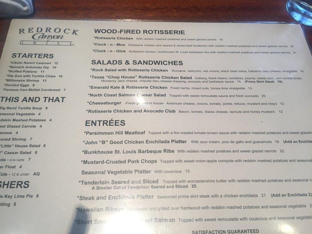 Menu at Redrock Canyon Grill restaurant, Southlake