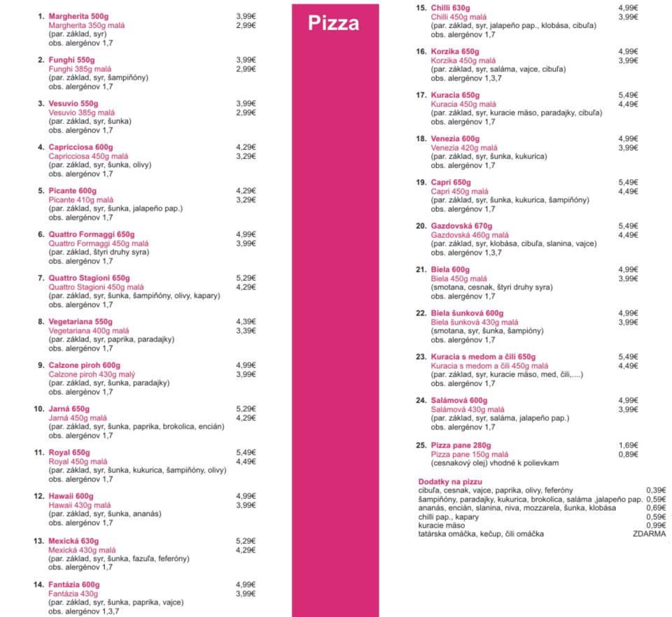 Menu at Royal Pizza & Restaurant, Svidník