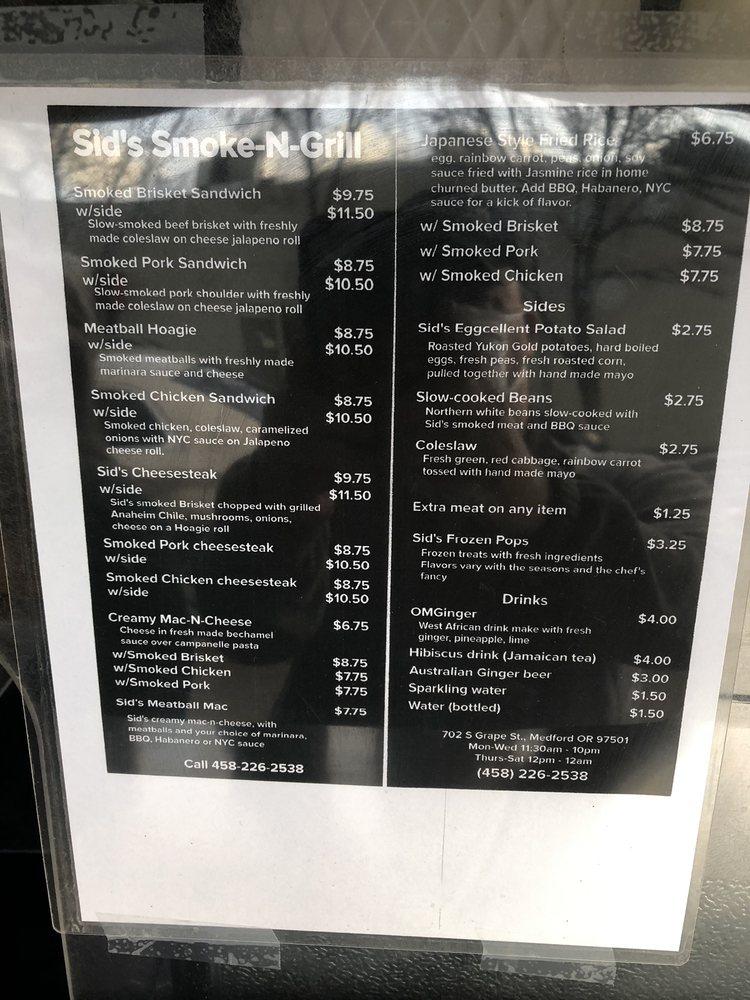 Menu at Sid's Gourmet Smoke N Grill restaurant, Medford