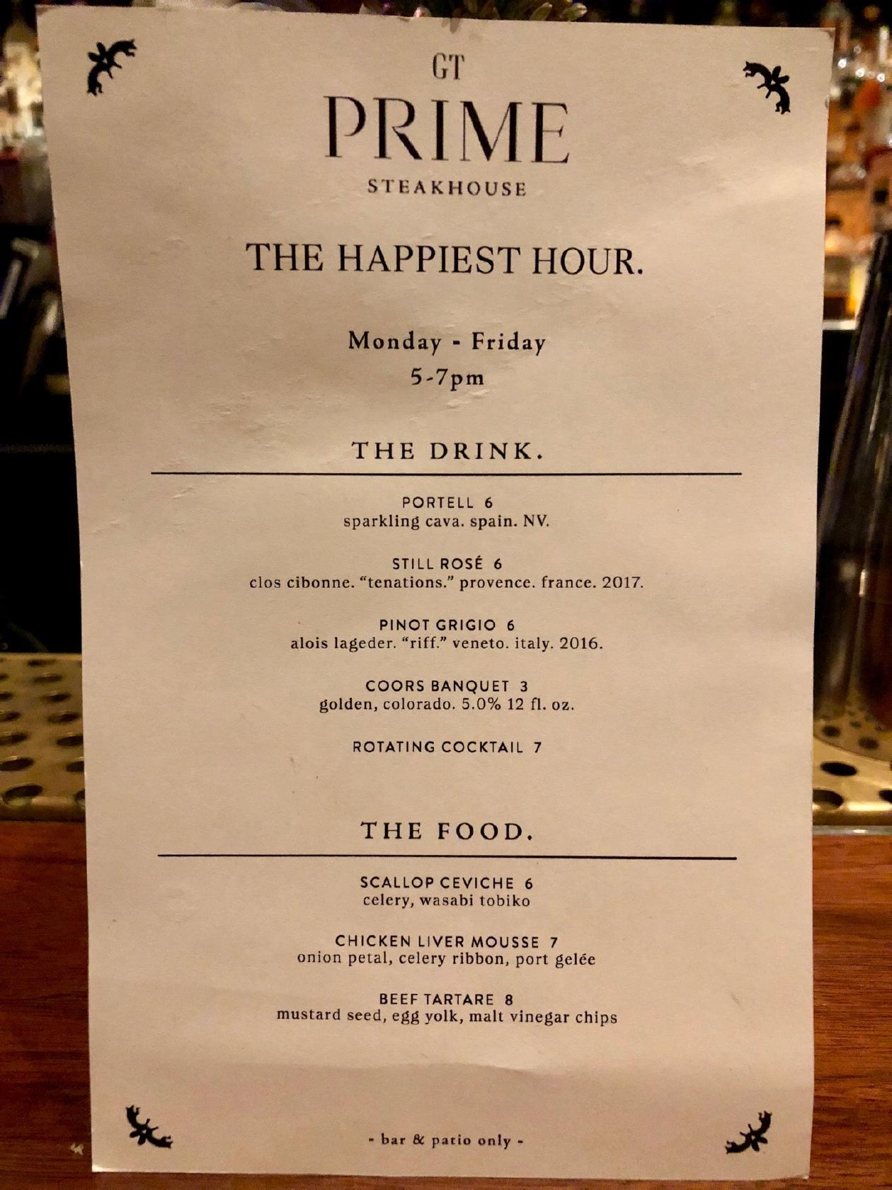 Menu at GT Prime Steakhouse, Chicago, 707 N Wells St