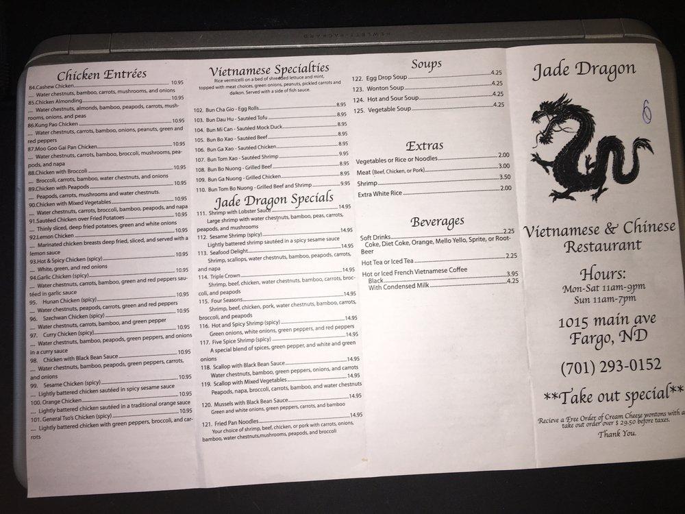Menu at Jade Dragon restaurant, Fargo