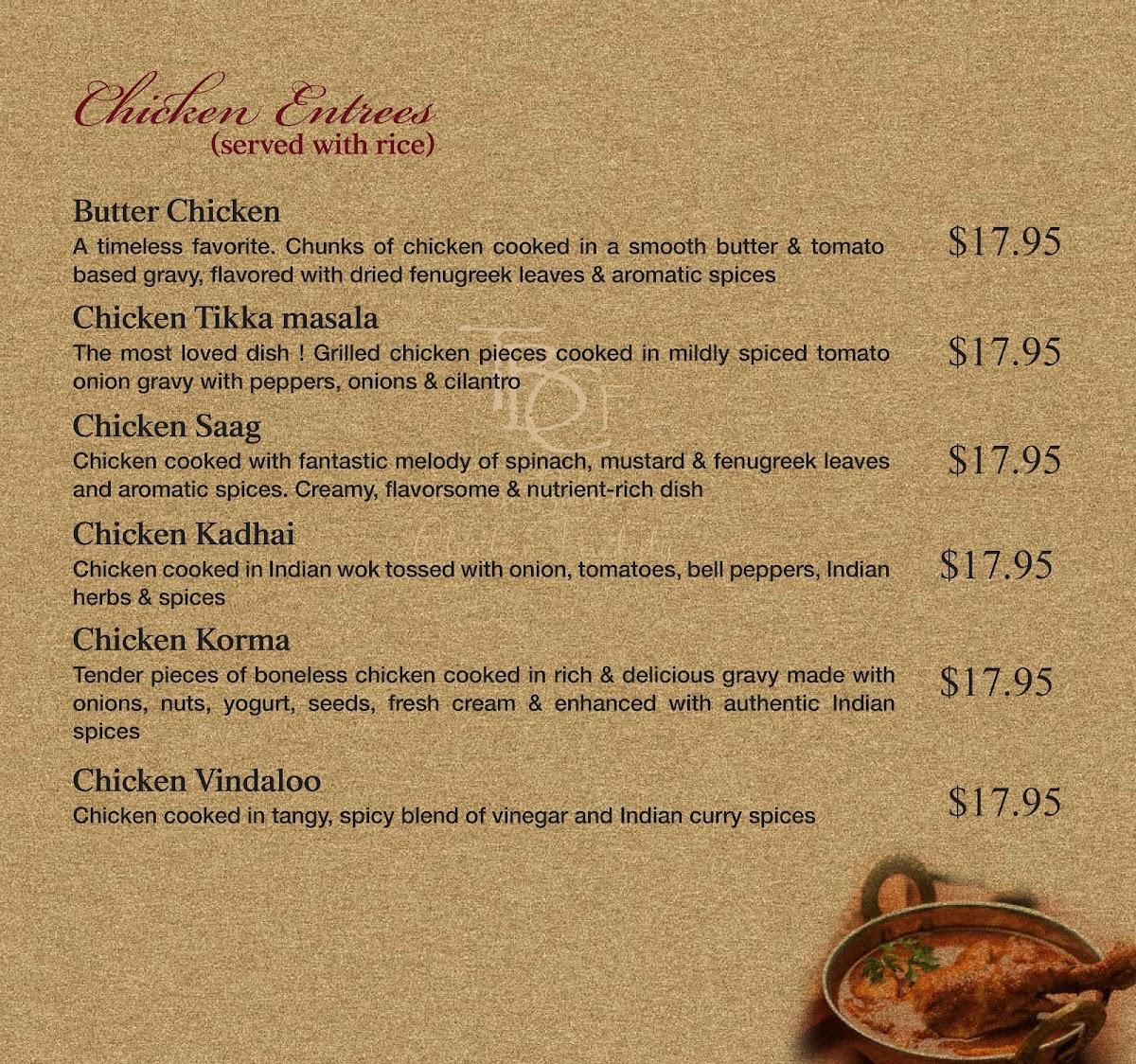 Menu at The Butter Chicken Factory restaurant, Westfield