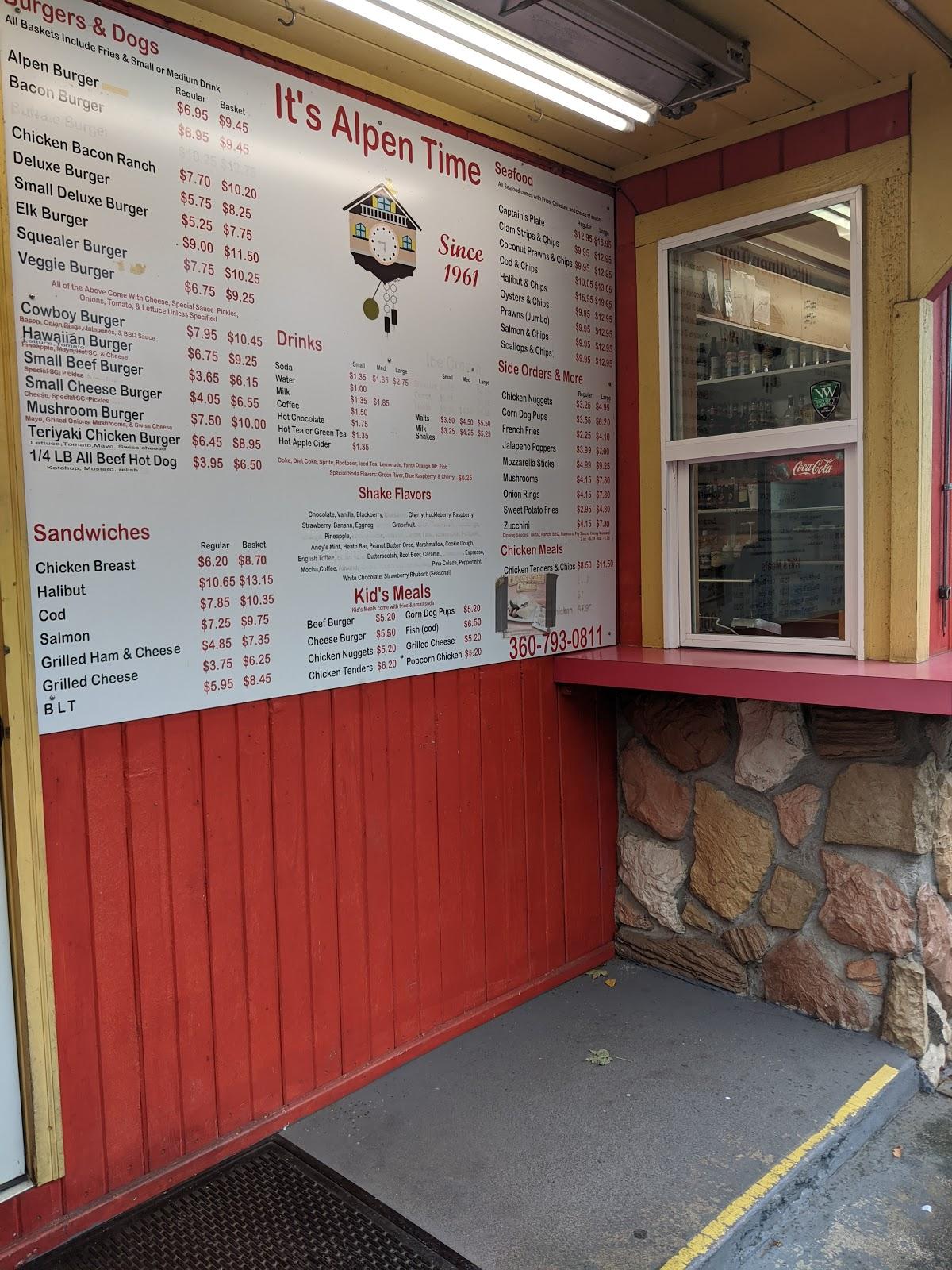 Menu at Alpen Drive-In restaurant, Sultan