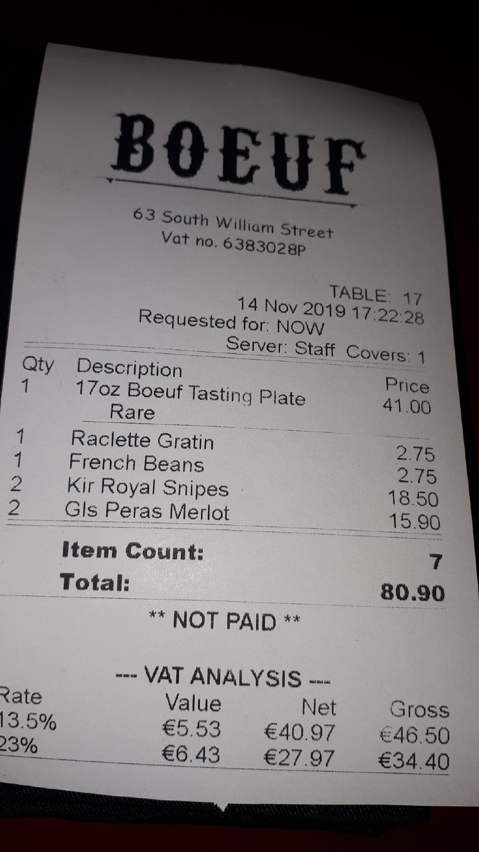 Menu at Boeuf steakhouse, Dublin