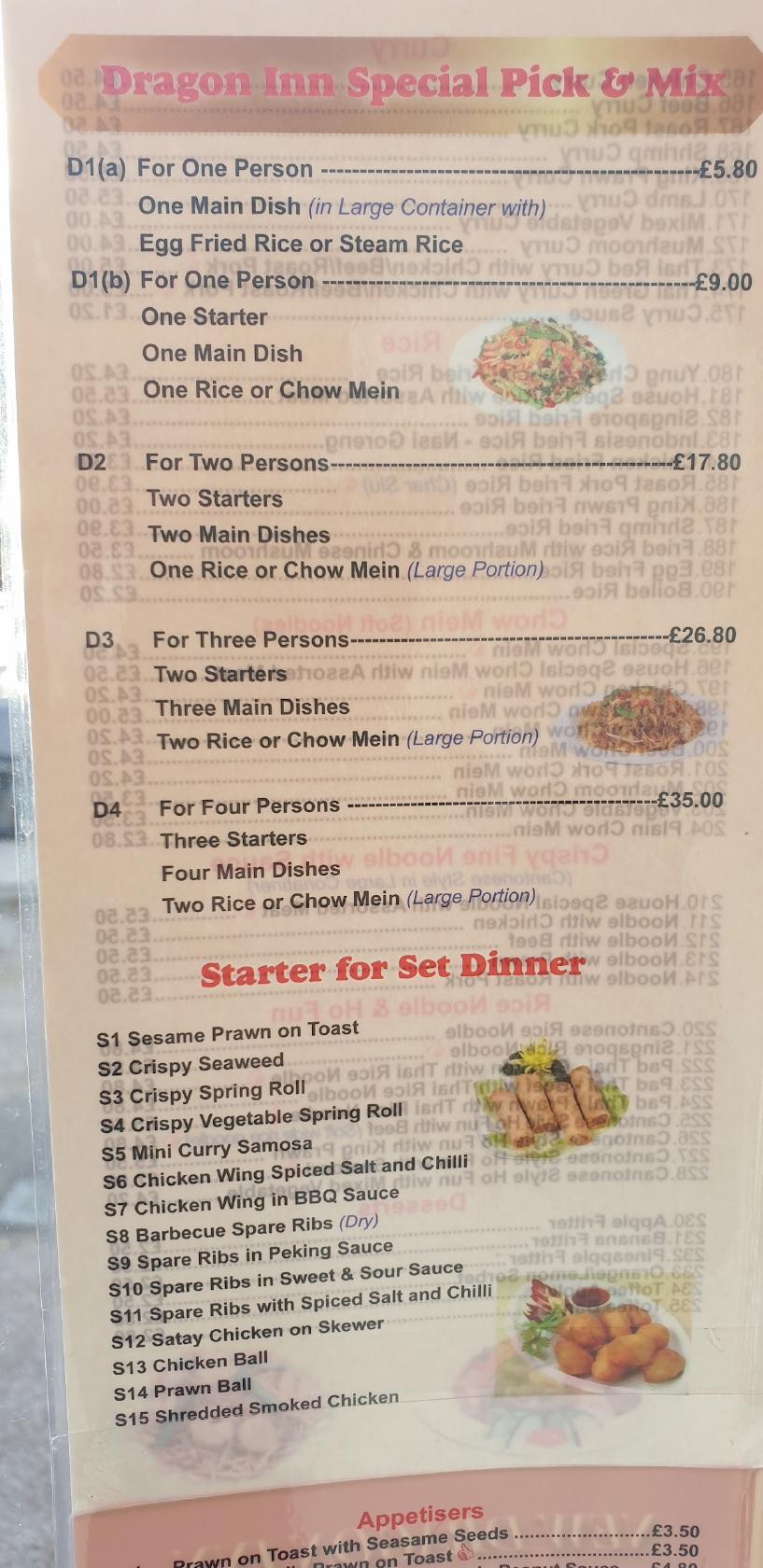 Menu at Dragon Inn restaurant, Rainham, 10-12 S End Rd