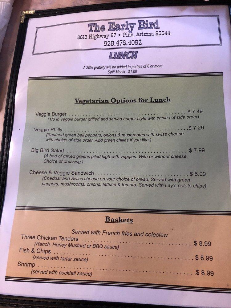 Menu at The Early Bird cafe, Pine