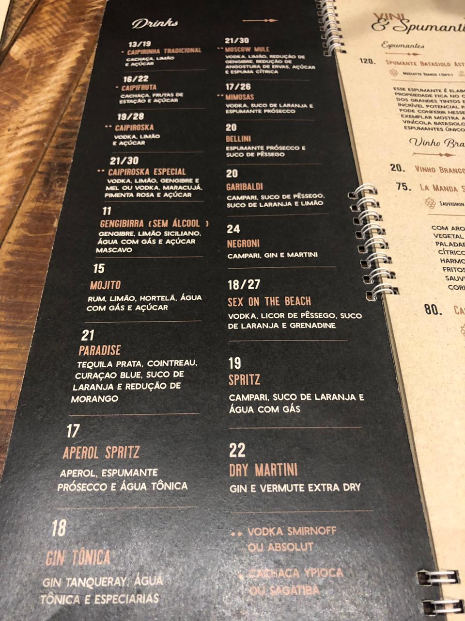 Menu em Grano & Vino restaurante, Porto Velho