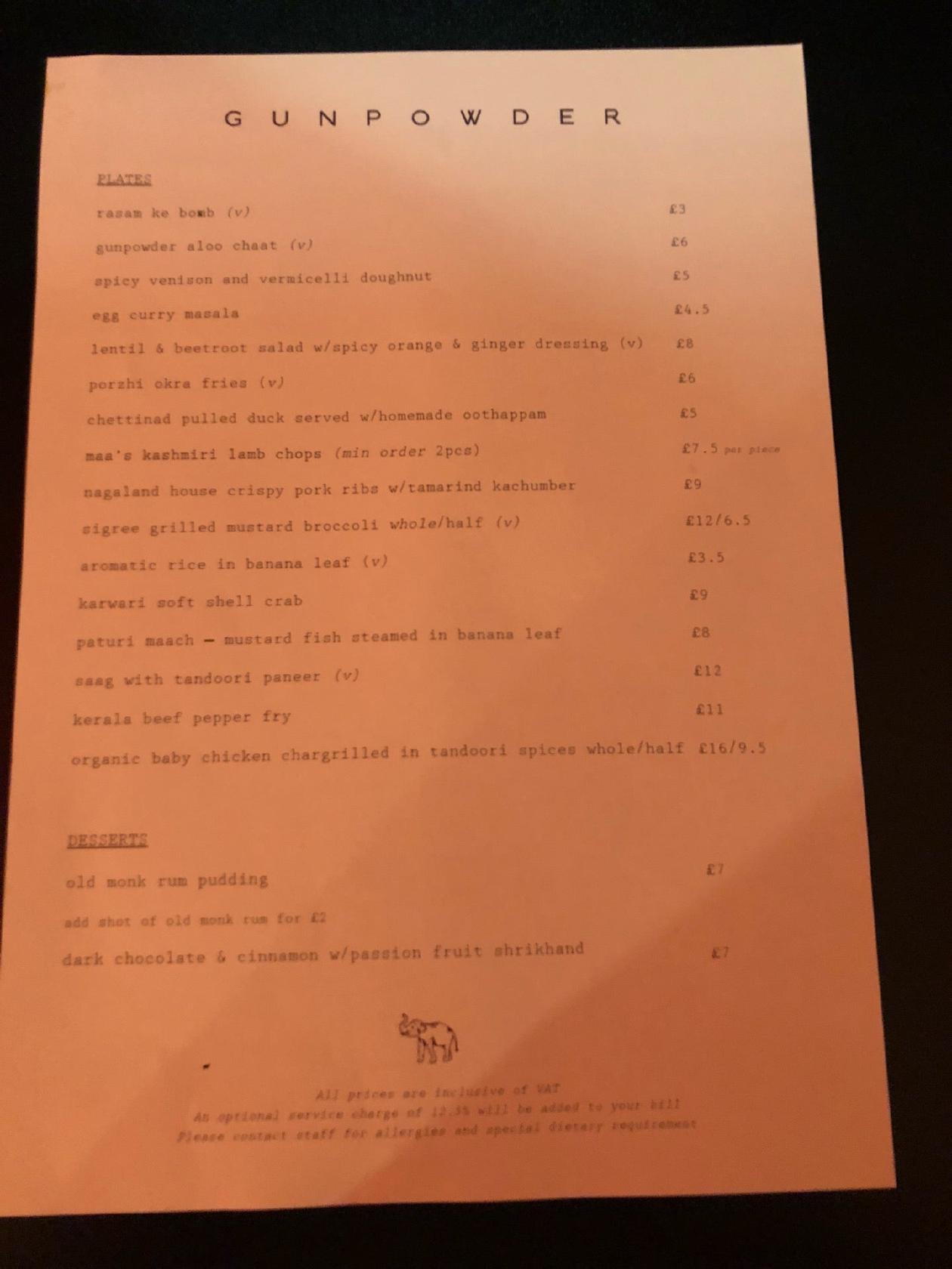 Menu at Gunpowder Spitalfields restaurant, London