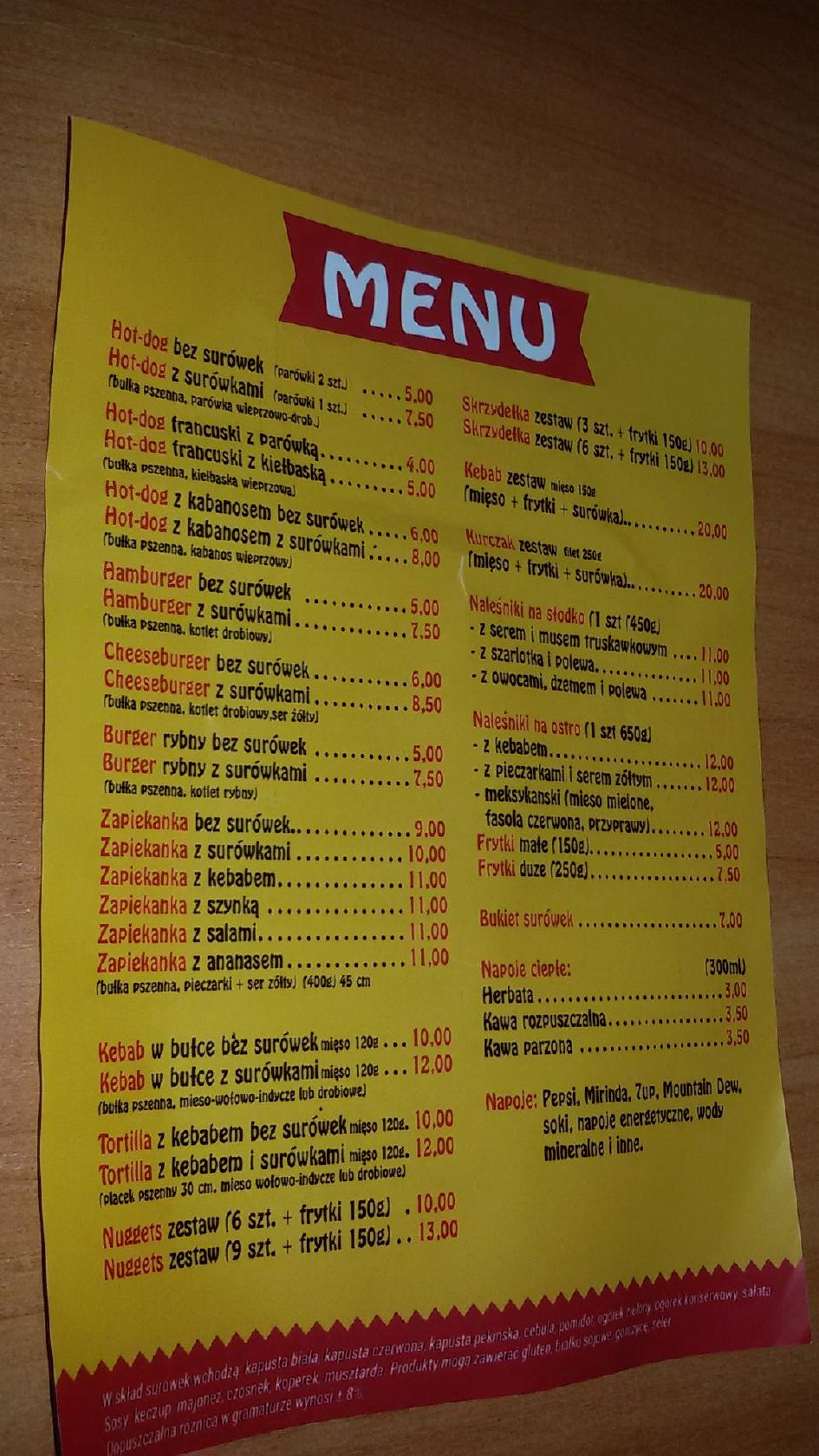 Menu at HOT DOG CAFE, Poddębice
