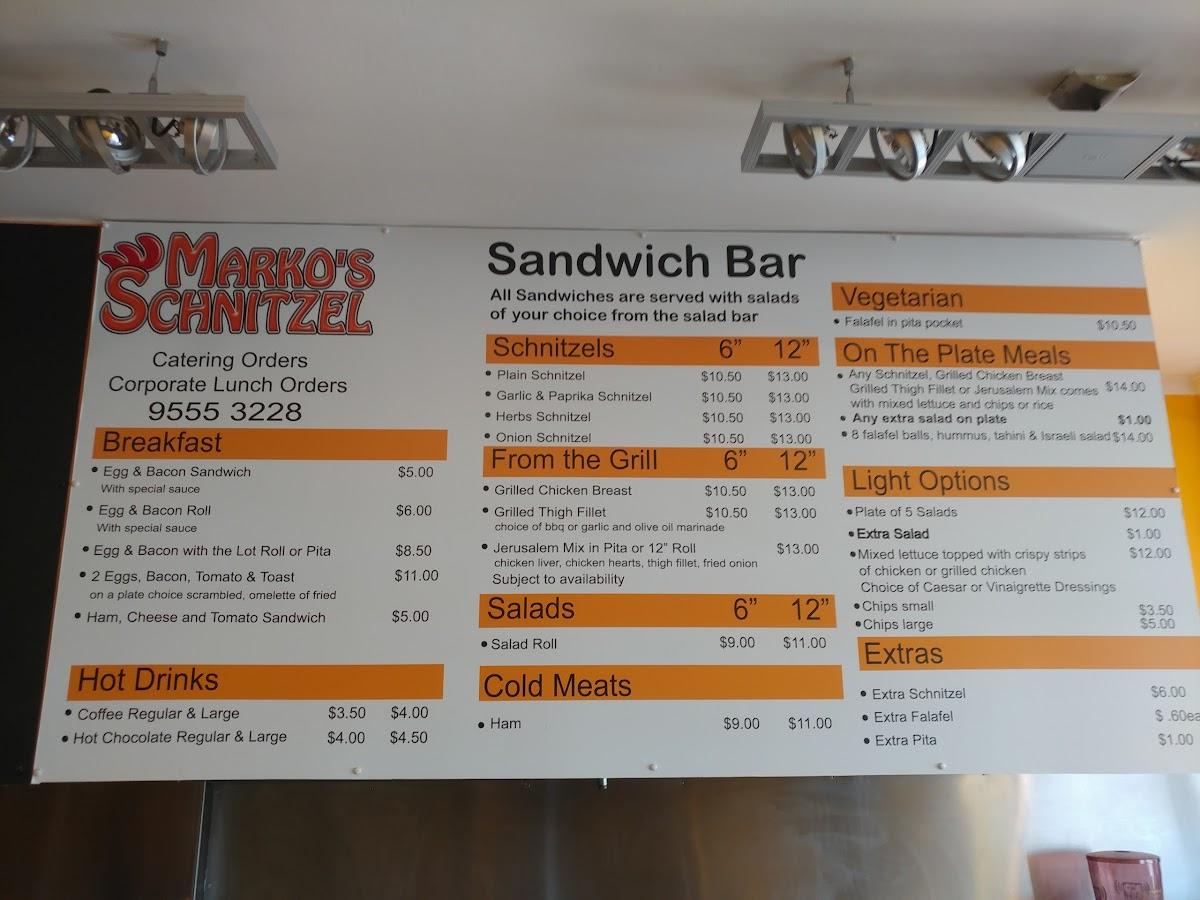 Menu at Marko's Schnitzel restaurant, Moorabbin